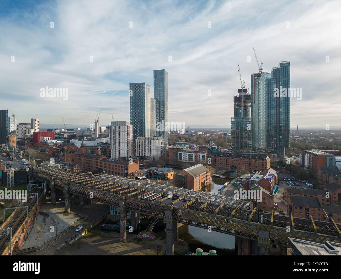 Aerial / drone photography of Manchester city centre with Castlefield ...