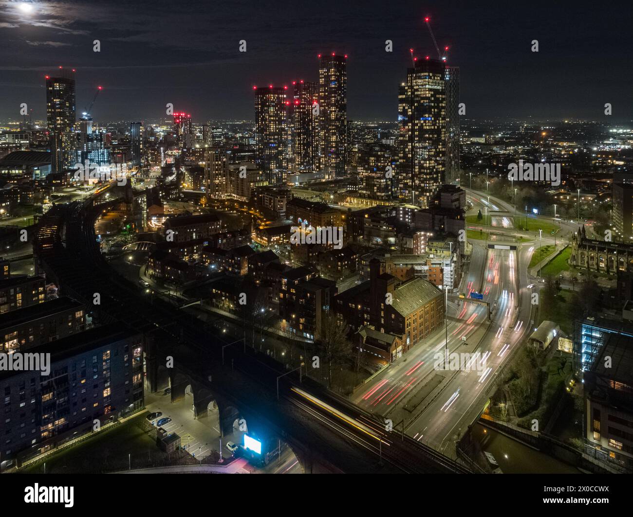 Aerial / drone photography looking over Castlefield in the foreground ...