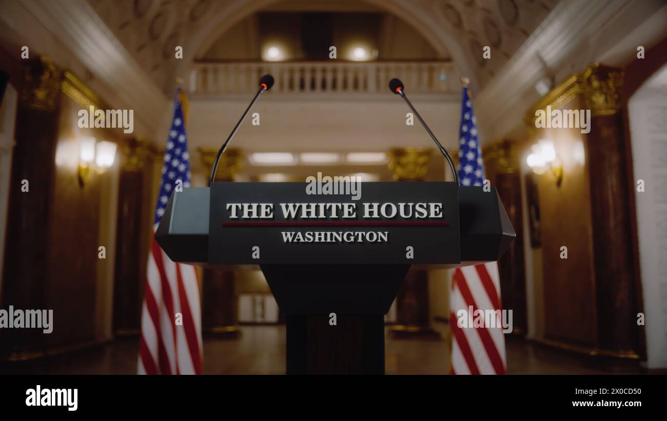 Wooden conference debate stand with microphones. Tribune for US ...