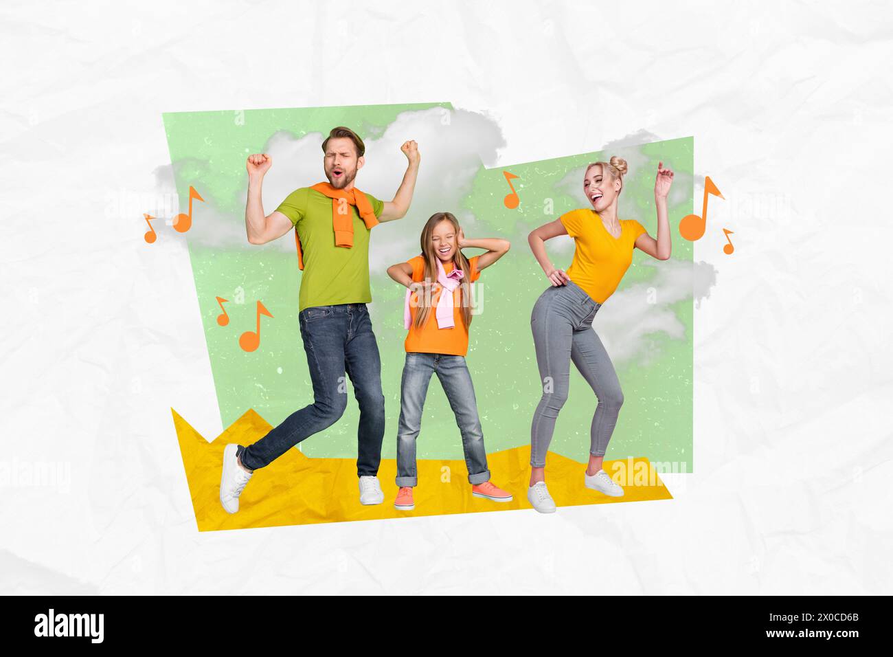 Collage magazine picture of smiling funky mommy dad daughter dancing ...