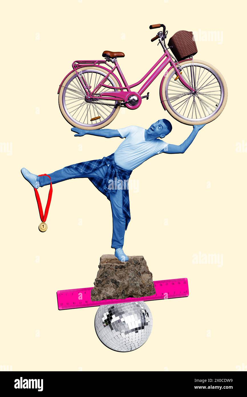 Vertical photo collage of happy guy acrobat stand disco ball ruler ...