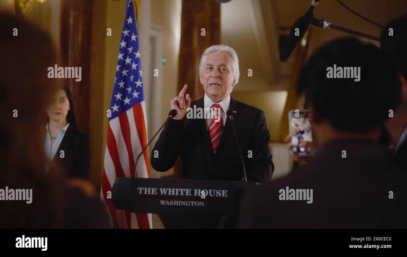 USA president answers press questions and gives interview for TV news ...