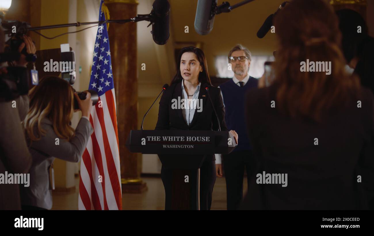 Female republican politician answers press questions, gives interview ...