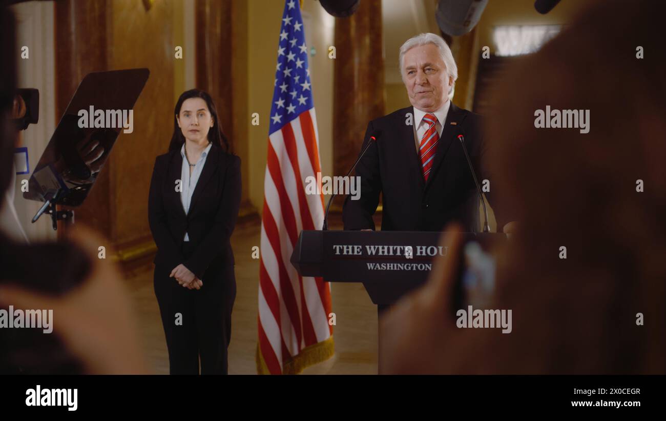 USA president answers press questions and gives interview for TV news ...