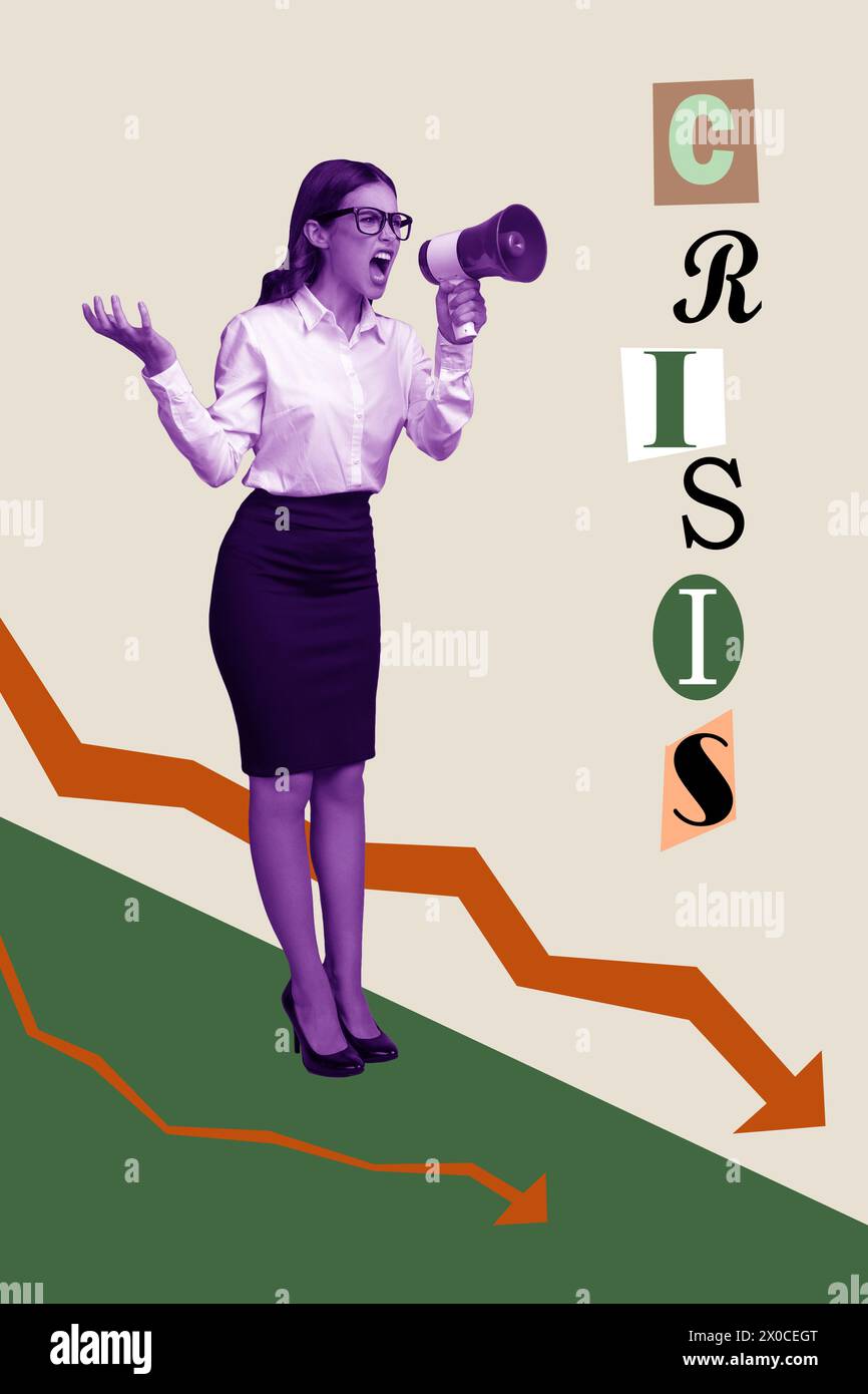Vertical photo collage of angry anxious girl yell megaphone crisis ...