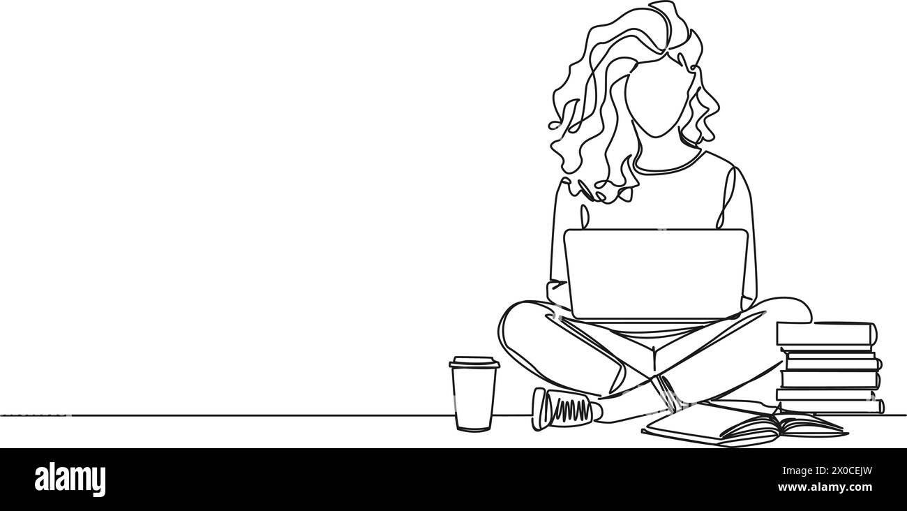 continuous single line drawing of female college student using laptop ...