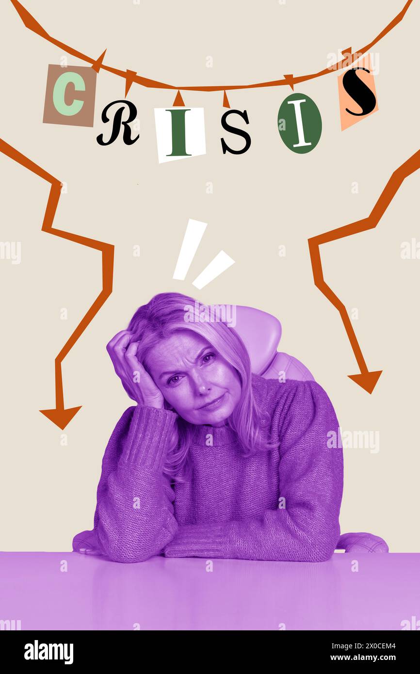 Vertical photo collage of upset old woman lonely crisis mental disorder ...