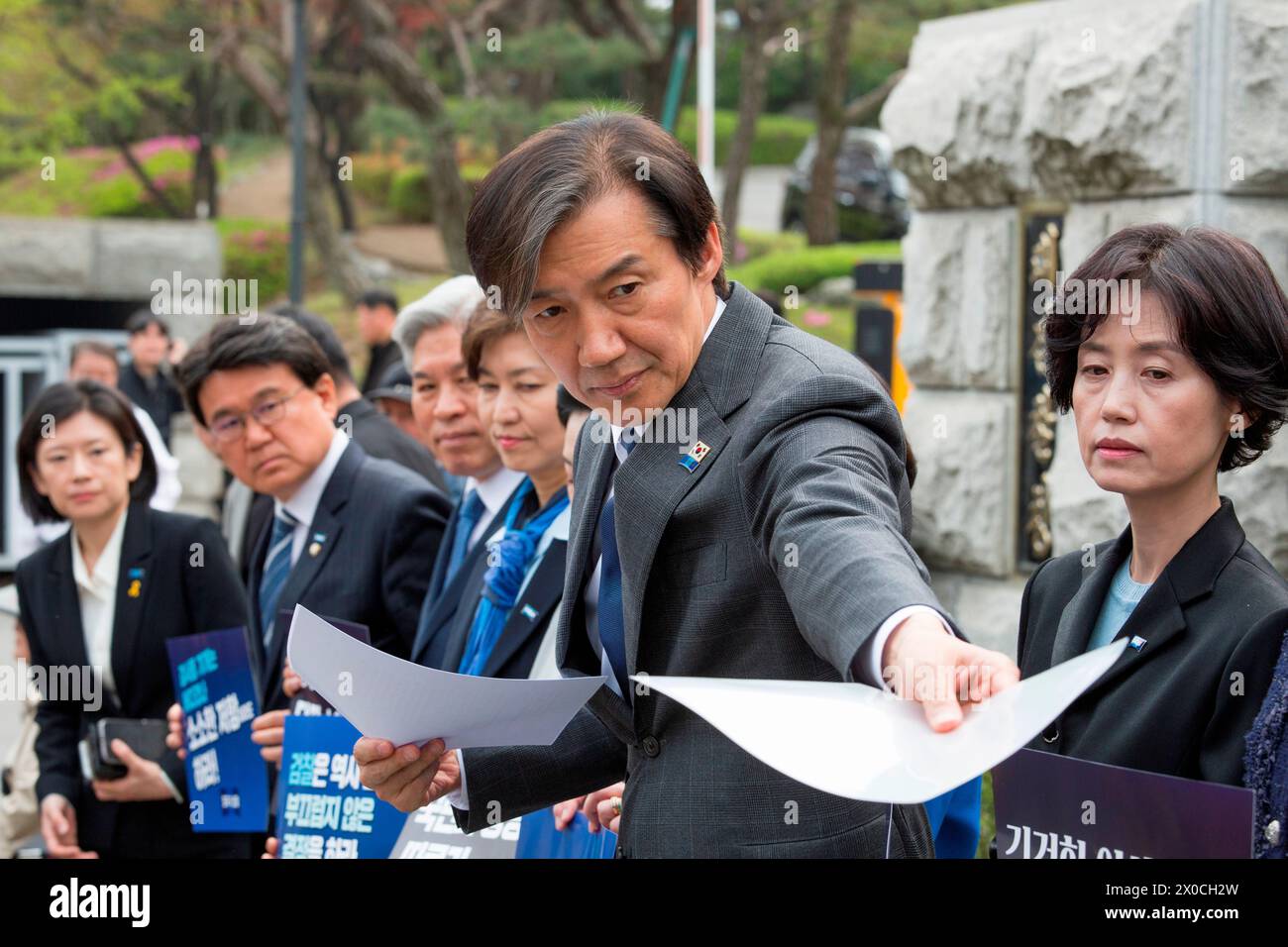 Cho Kuk, April 11, 2024 : Leader of the Rebuilding Korea Party, Cho Kuk (2nd R) and lawmakers ...