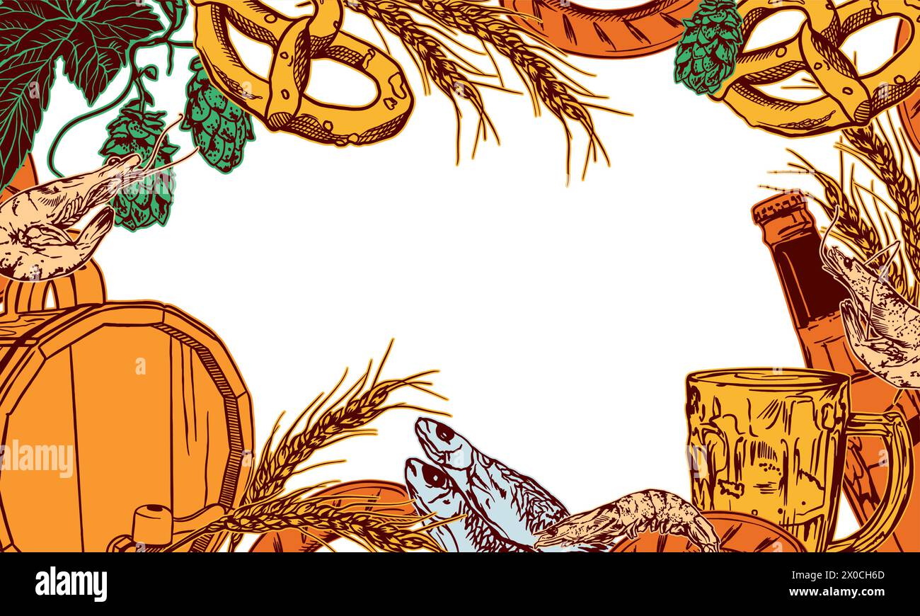 Beer set, barrel, bottle, mug, pretzel, hops, shrimp, fish. Vector ...