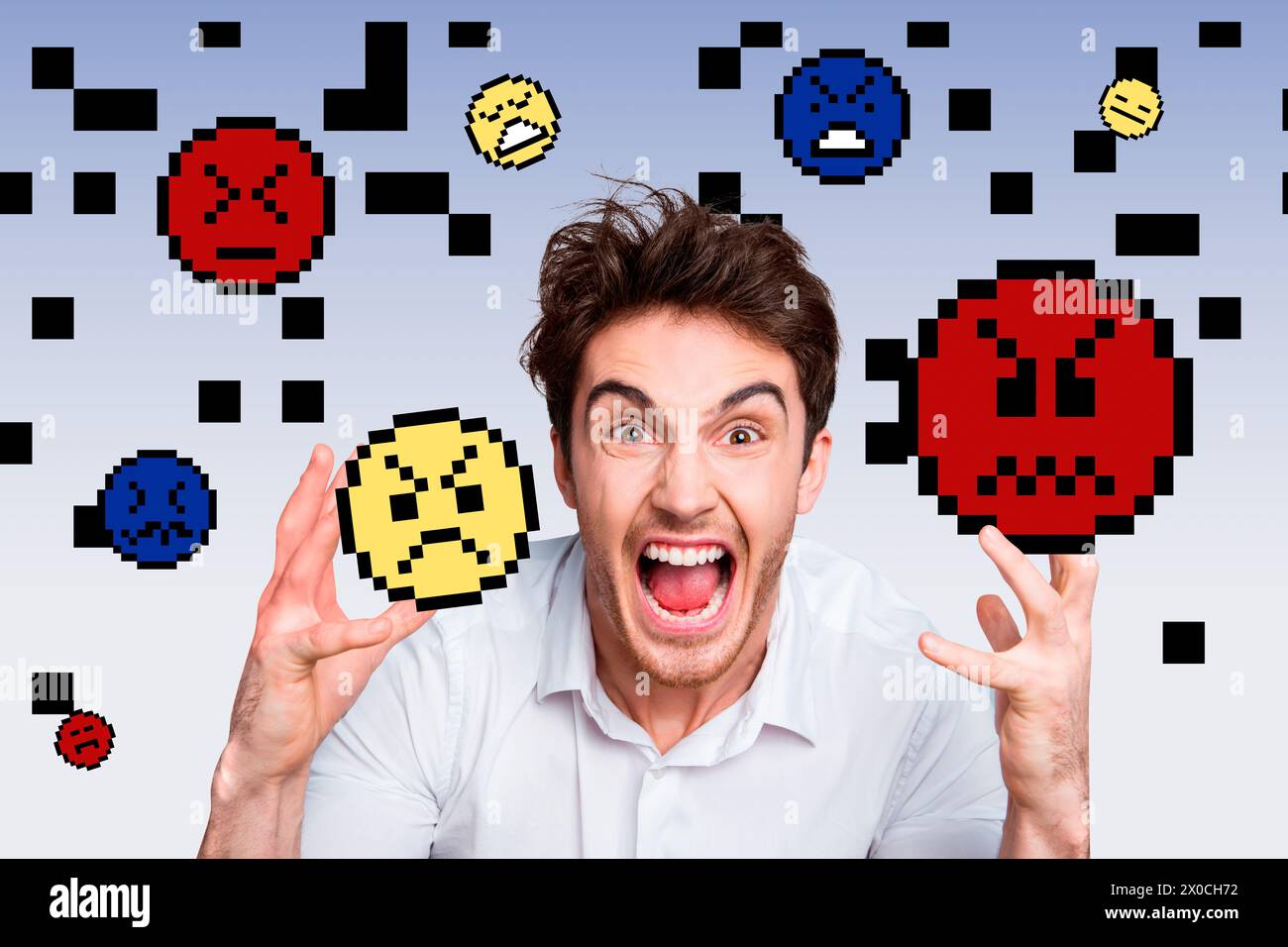 Composite photo collage of irritated angry young man crazy gesture bad ...