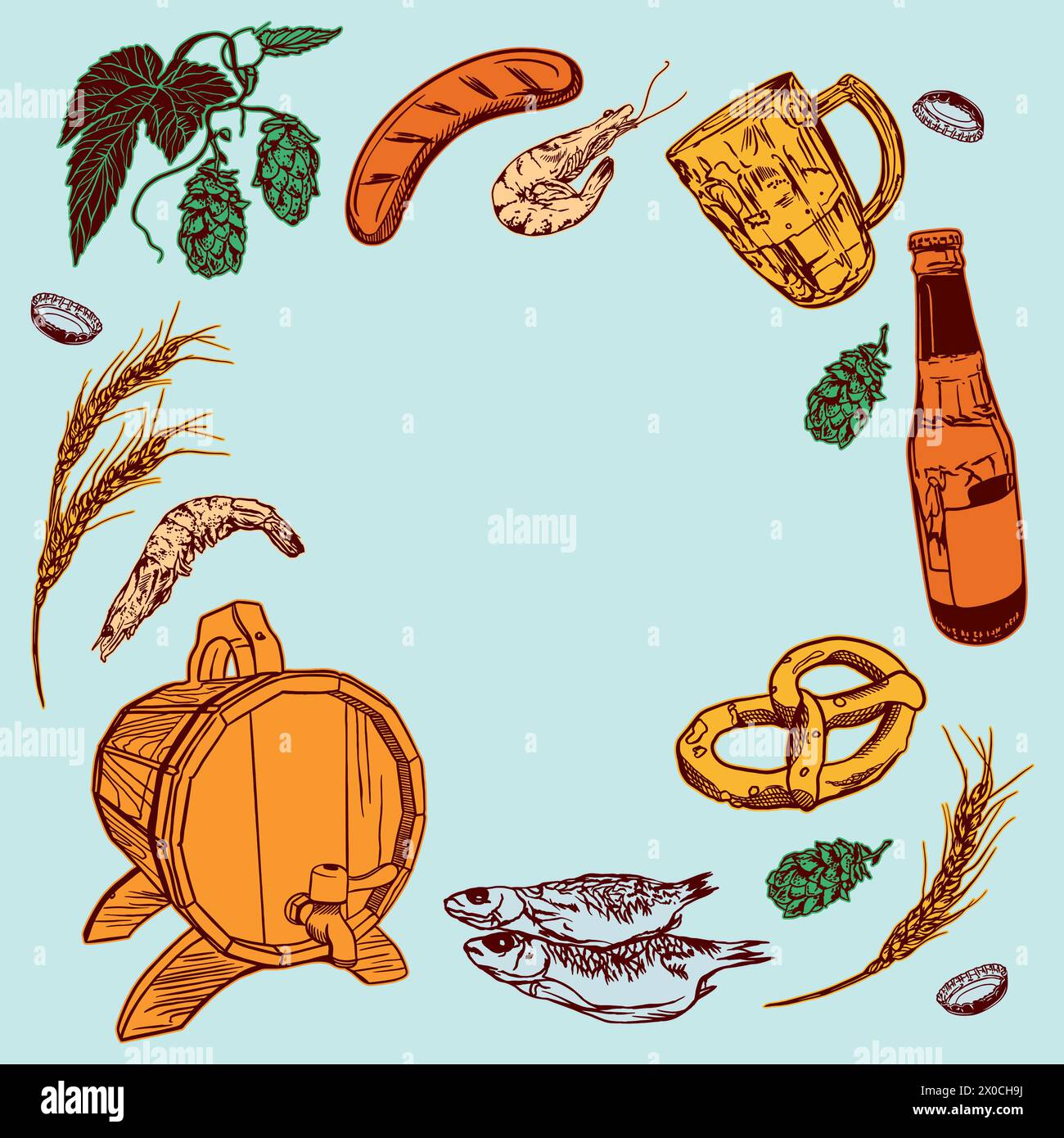 Beer set, barrel, bottle, mug, pretzel, hops, fish, shrimp. Vector ...