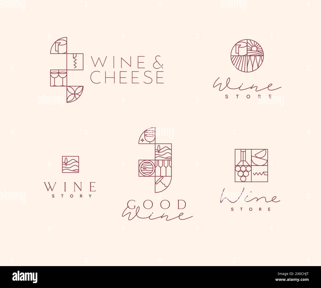 Wine branding art deco lettering labels drawing in linear style on ...