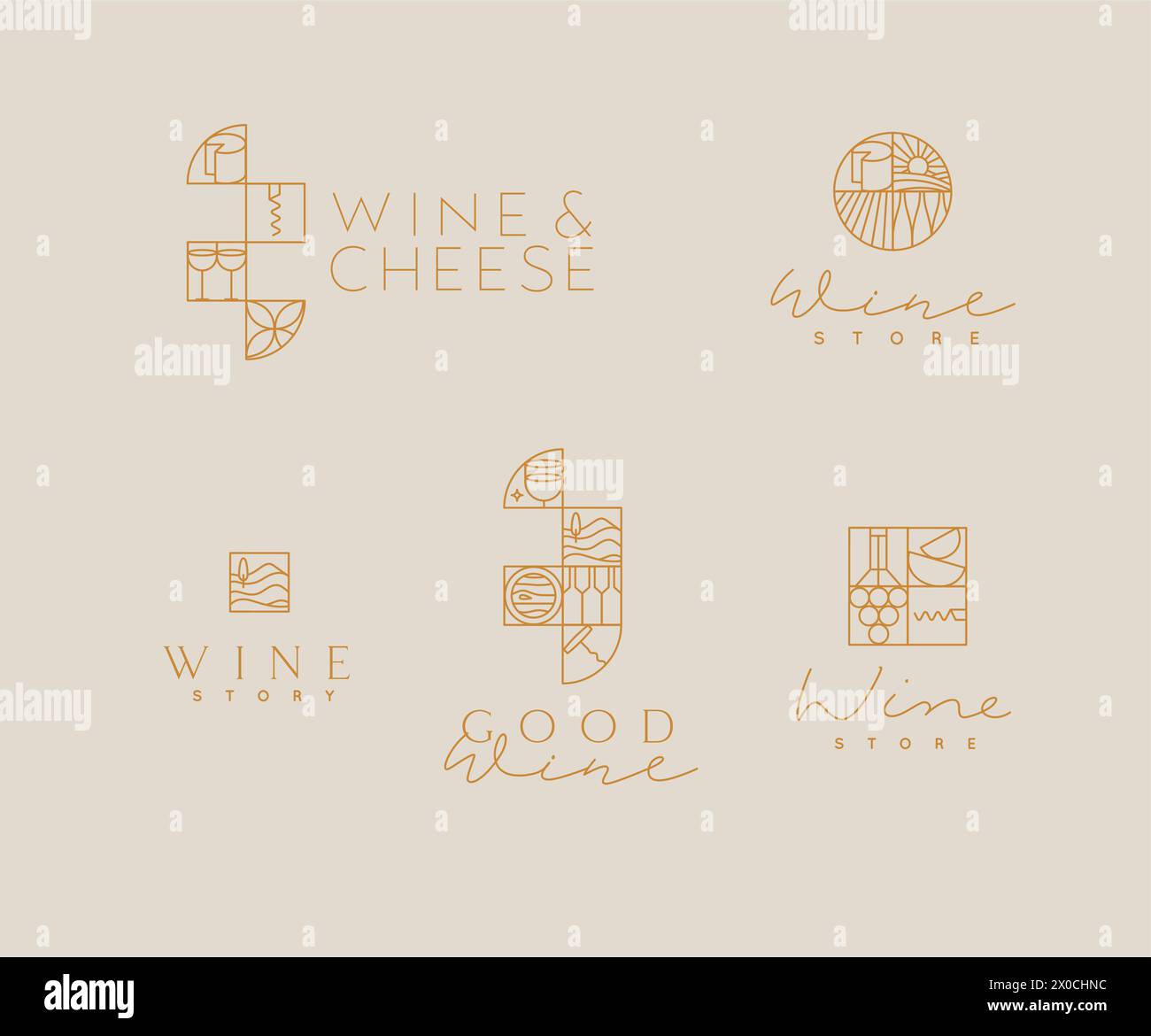 Wine branding art deco lettering labels drawing in linear style on ...