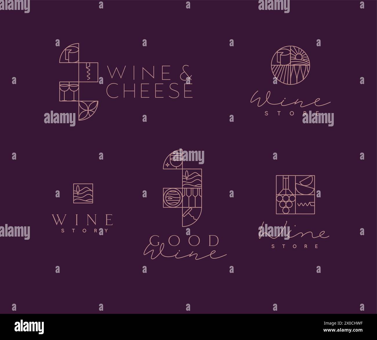 Wine branding art deco lettering labels drawing in linear style on ...
