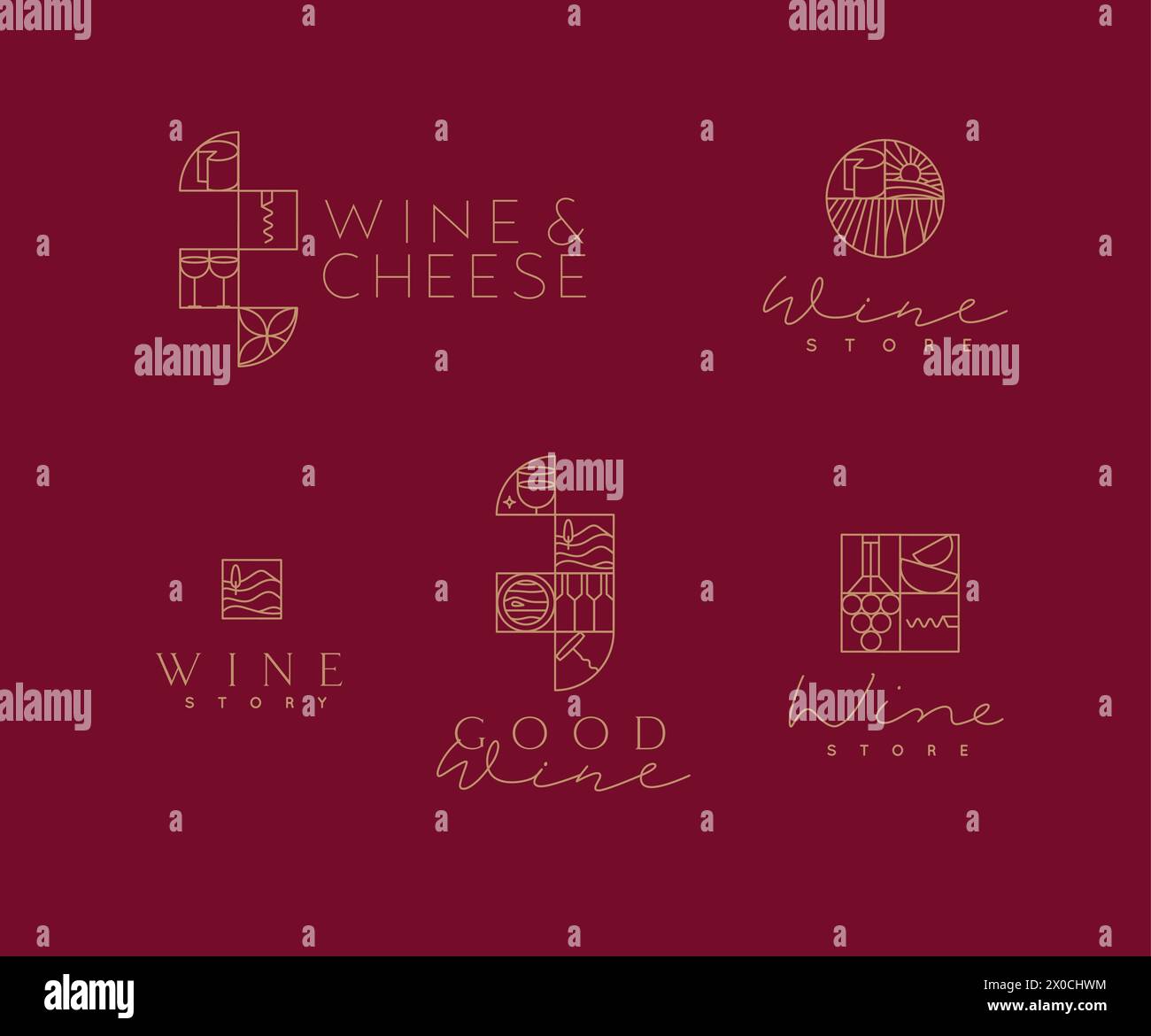 Wine branding art deco lettering labels drawing in linear style on red ...