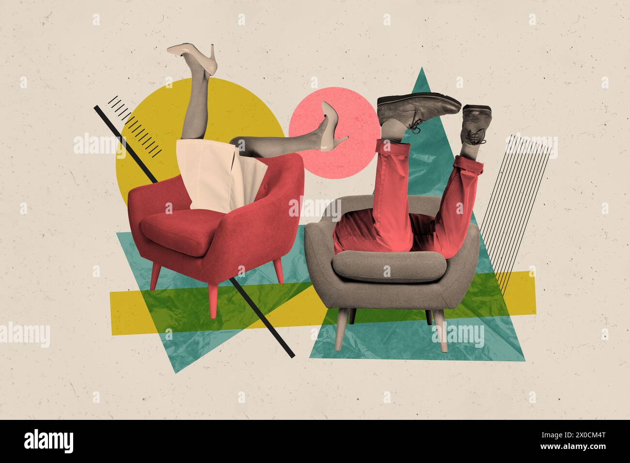 Creative photo collage picture human legs body fragments armchair ...