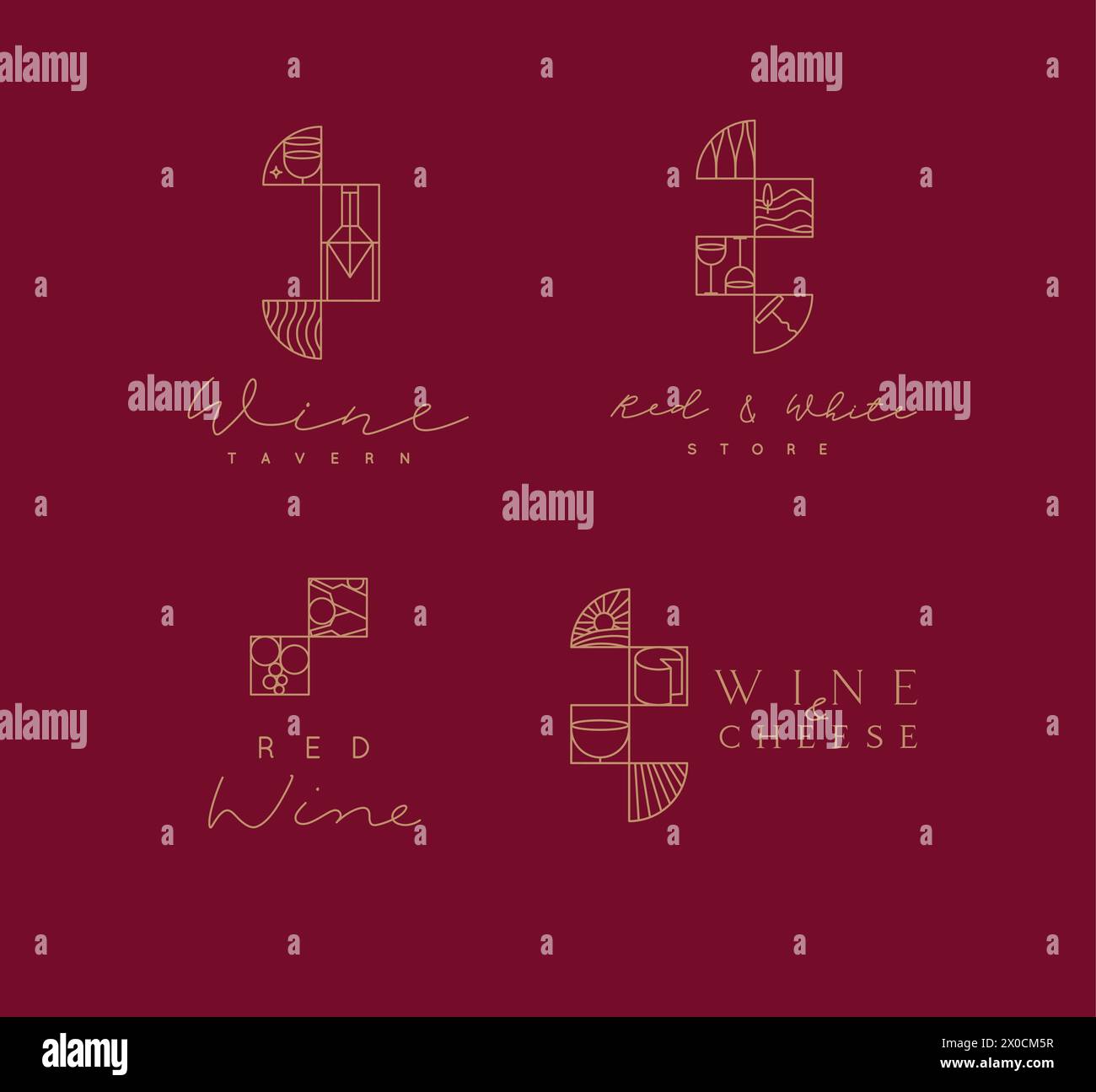 Art deco wine branding labels with lettering drawing in linear style on ...
