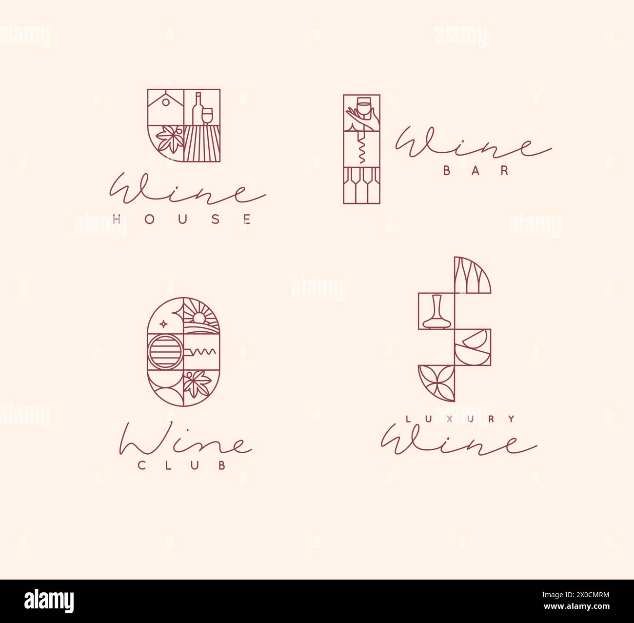 Wine art deco branding labels with lettering drawing in linear style on ...