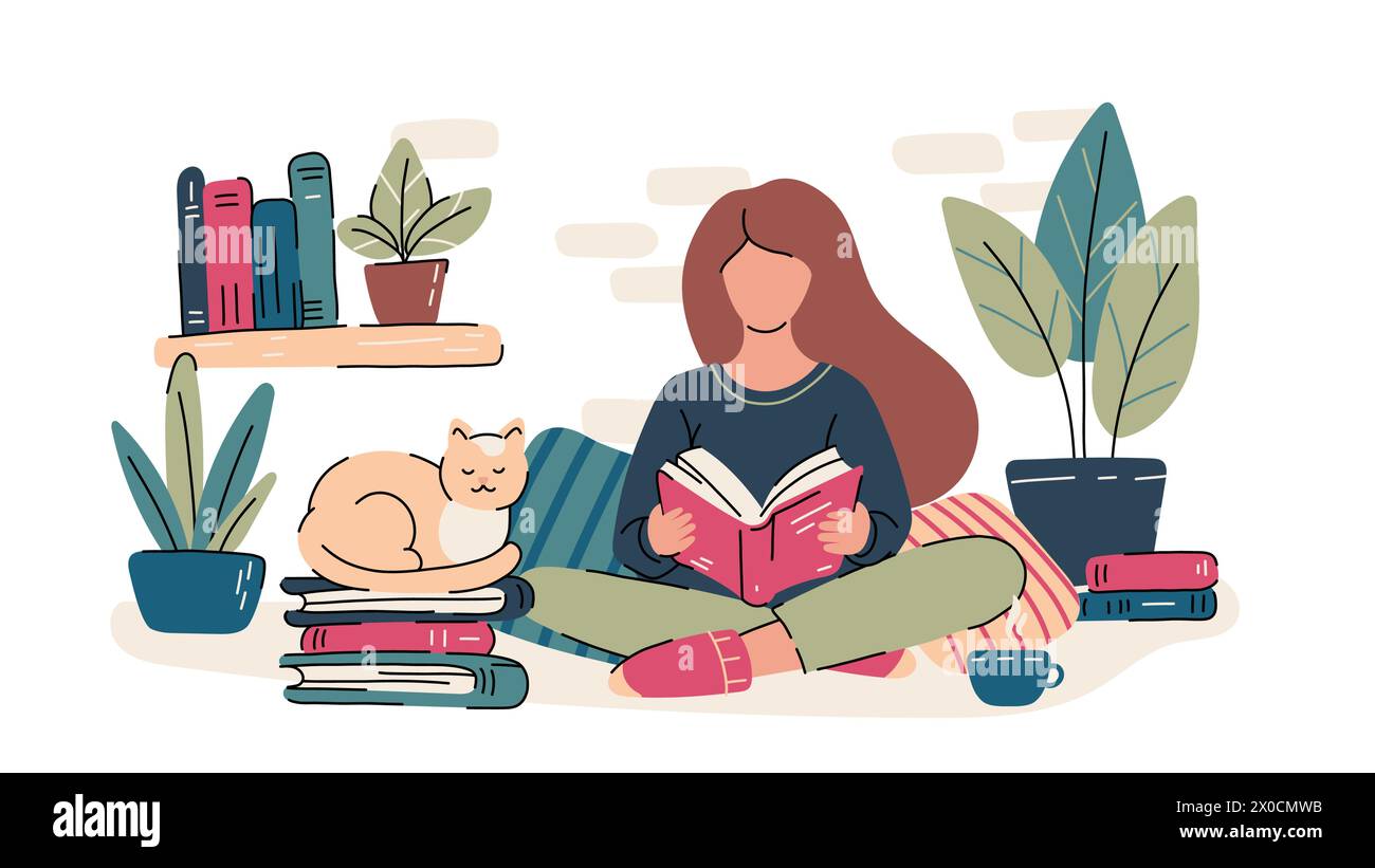 Girl sitting reading a book, kitty cat sleeping next to her. Reader ...