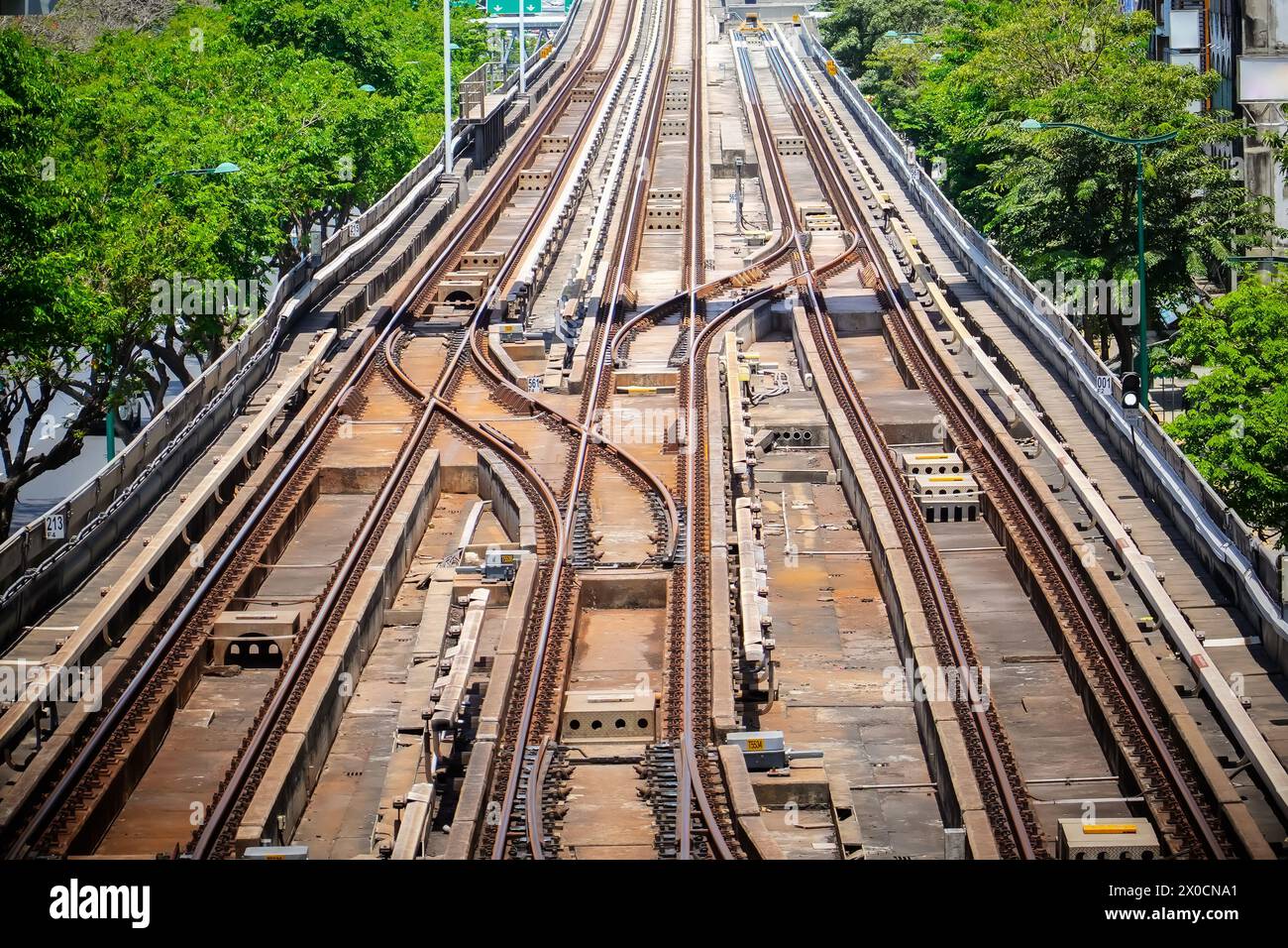 Top aerial view of the railway tracks and railway switches at the ...