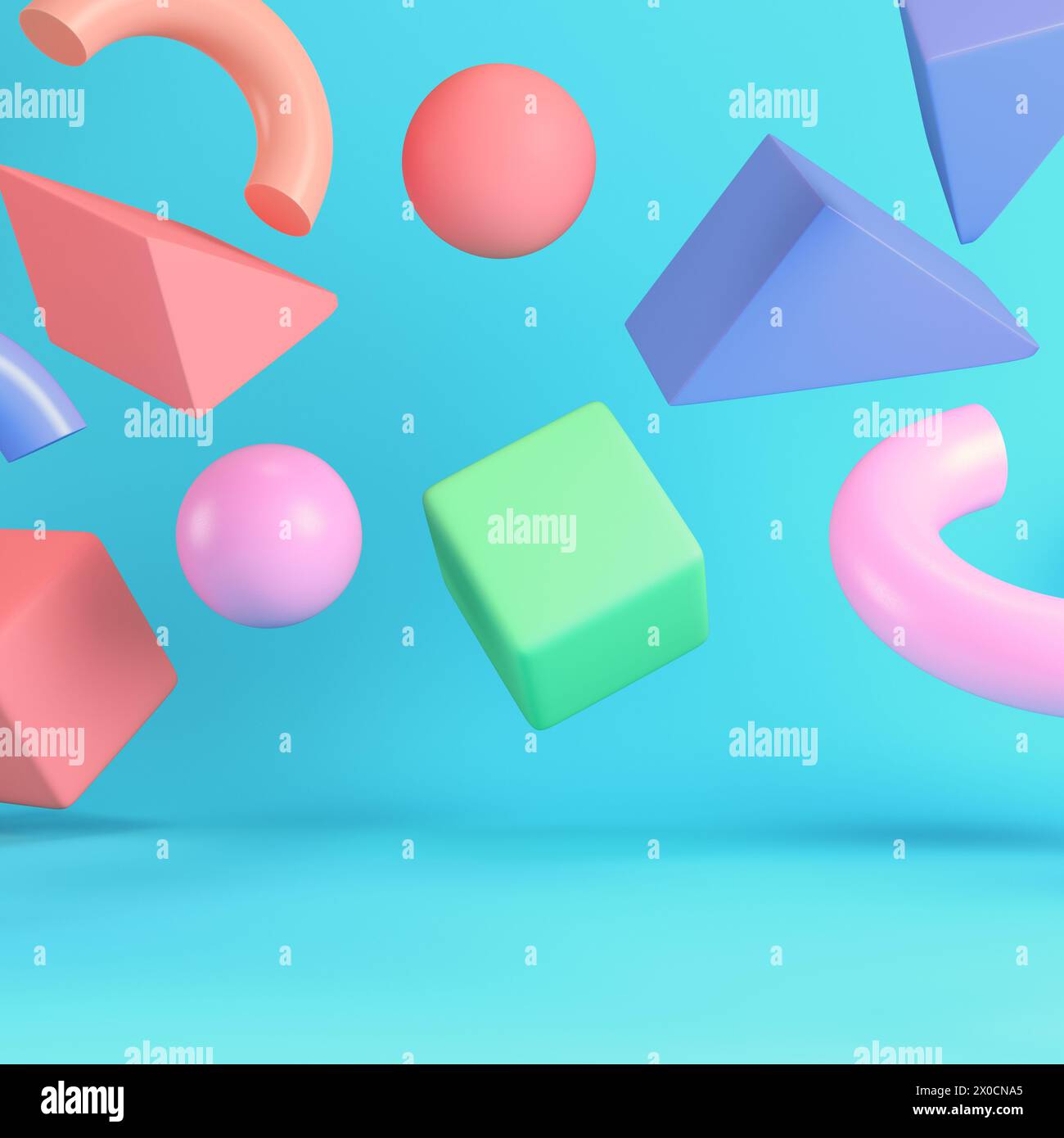 Colorful abstract bold geometric figures on bright blue background in ...