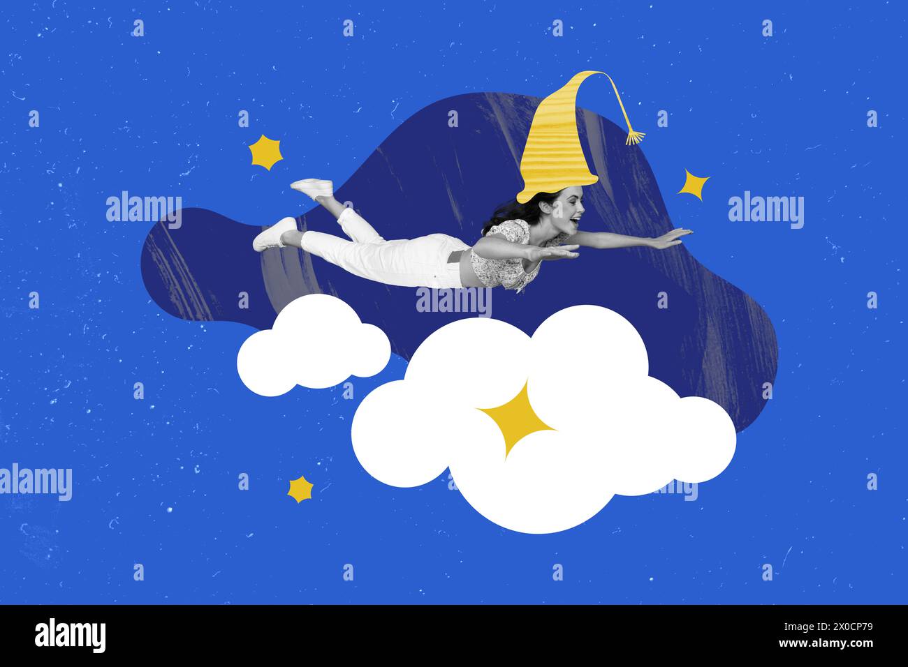Creative collage image young excited flying woman dream sleepover ...