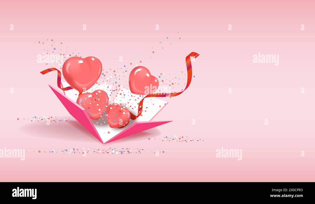 3d heart shape balloons and ribbons popping out of gift box. Valentine ...