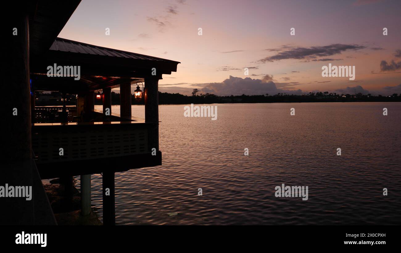 View of the sea from a resort in equatorial guinea with lights at ...
