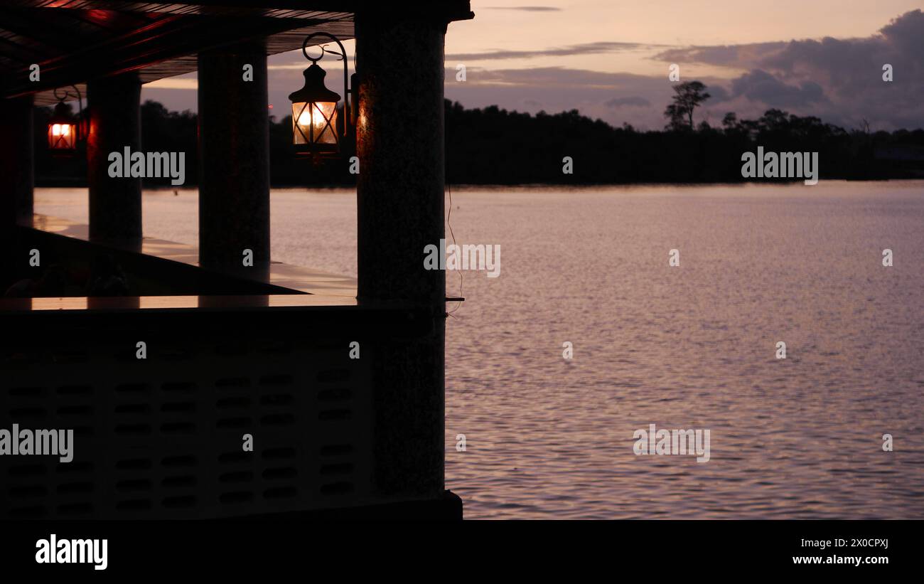 View of the sea from a resort in equatorial guinea with lights at ...