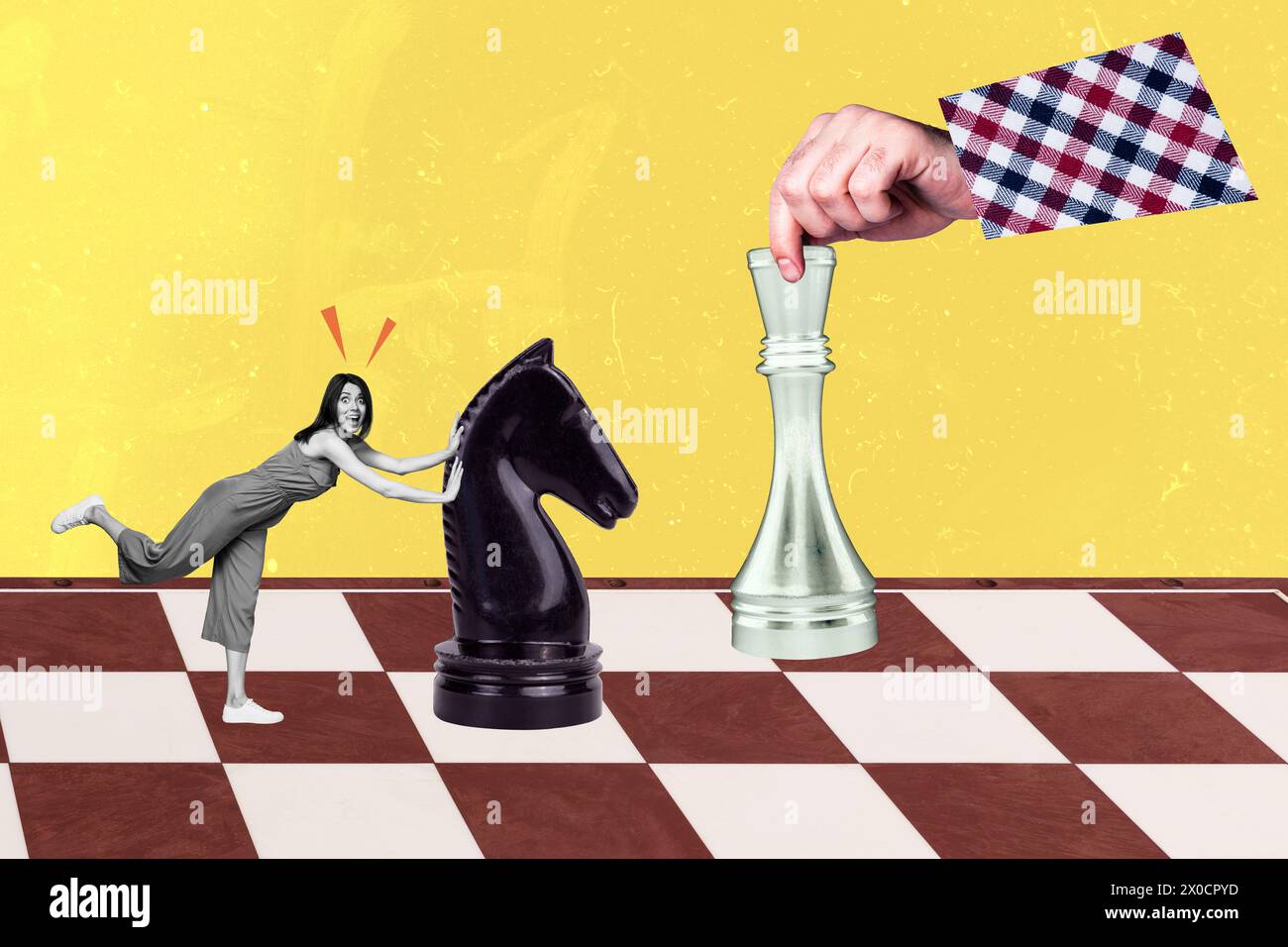 Trend artwork sketch collage of young clever lady play chess stand on ...