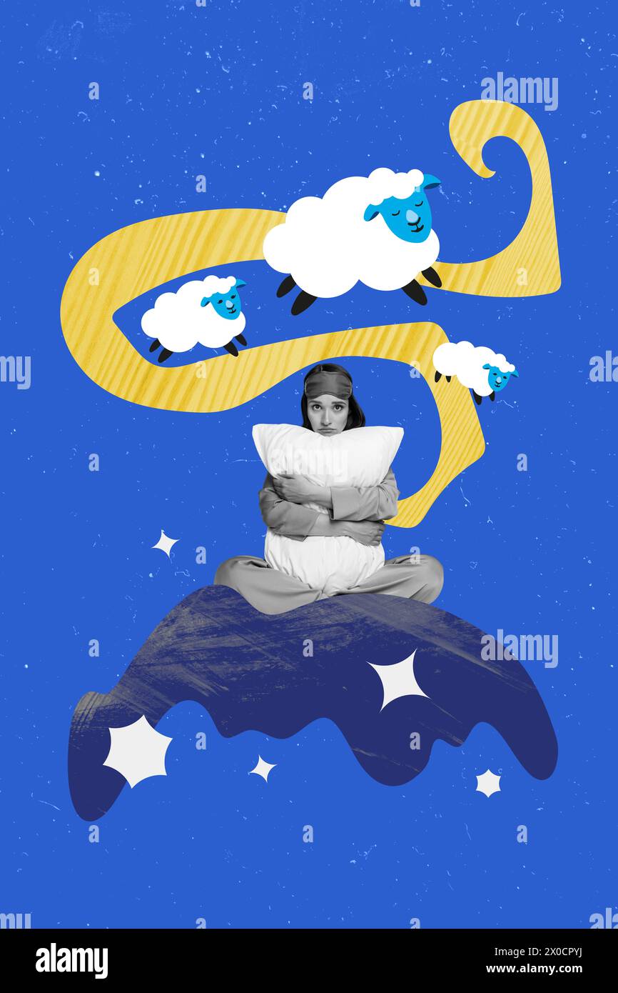 Vertical creative collage picture young sitting woman pillow bedtime ...