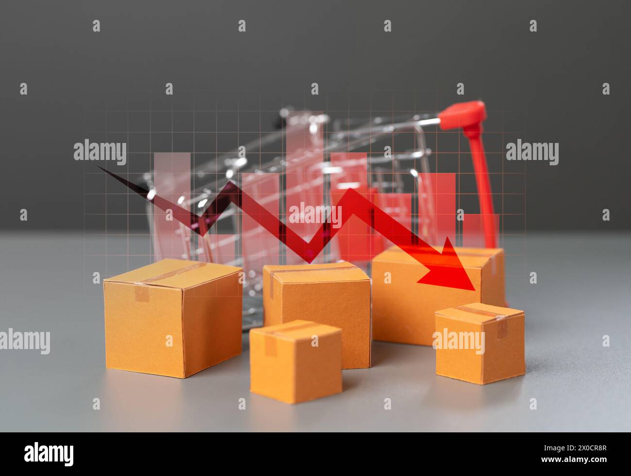 Overturned shopping card and red arrow down. Falling sales. Low demand. Collapse of purchasing ...