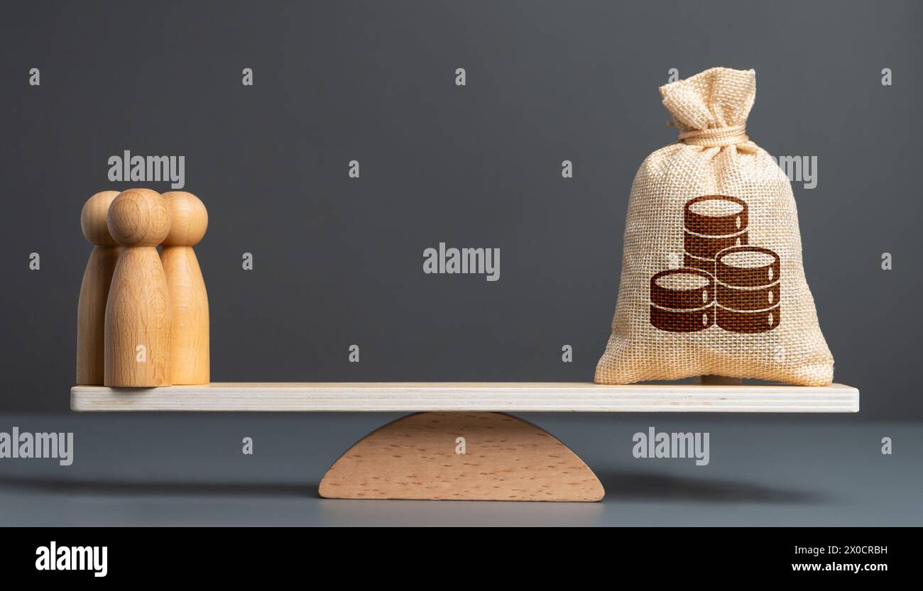 People and money bag with coins on scales. Decent wages. Social ...