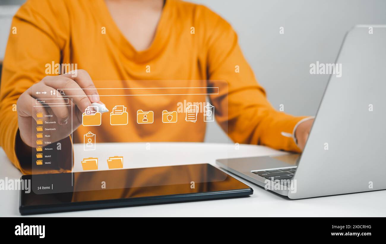 Folder Document Management System Dms Open File Folder With Flying Blank Documents With Computer