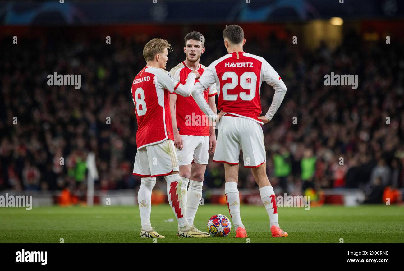 London, England. 09th Apr 2024. Martin Ödegaard Oedegaard (Arsenal) Declan Rice (Arsenal) Kai ...