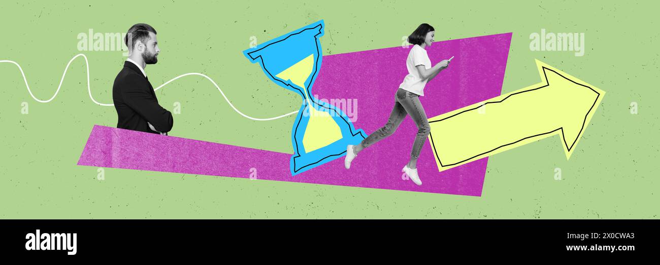 Panoramic creative collage picture young running woman sandwatch ...