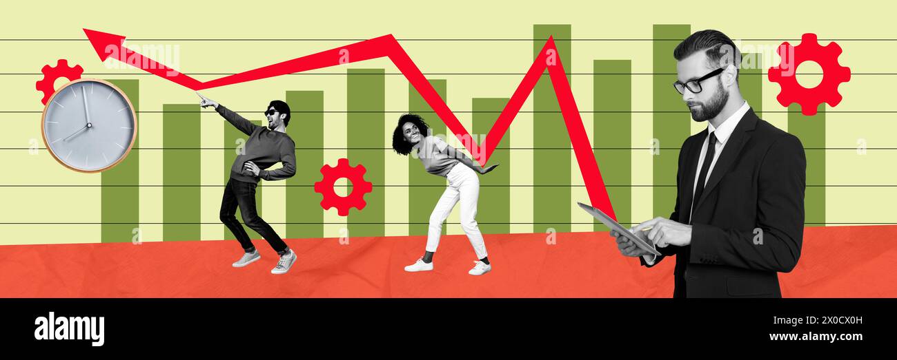 Composite artwork collage of horizontal panorama black white lady men ...