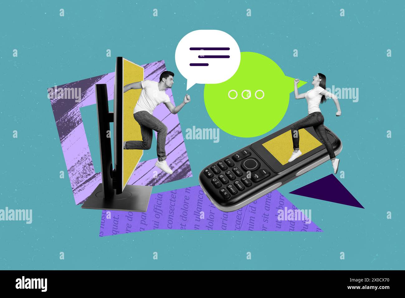 Creative collage image young running man woman cell phone computer ...