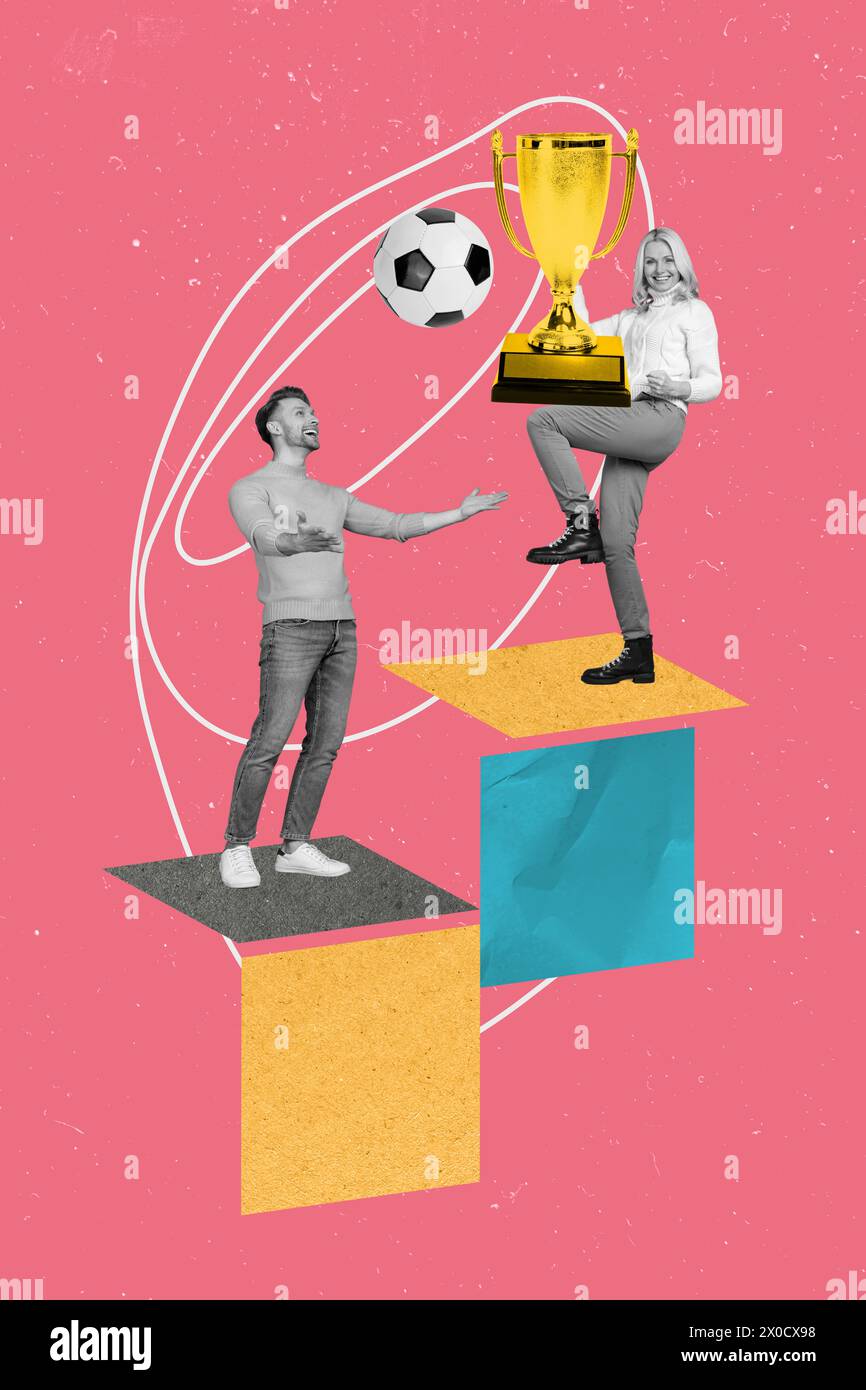 Vertical photo image collage young woman hold golden award prize ...