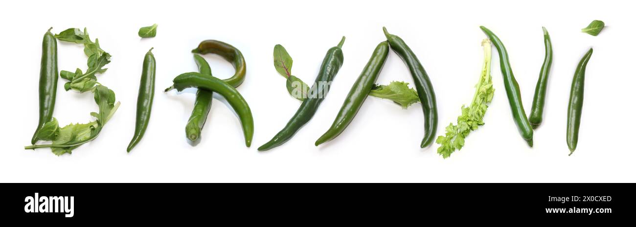 word BIRYANI from green chili pepper, celery stick, lettuce leaves ...