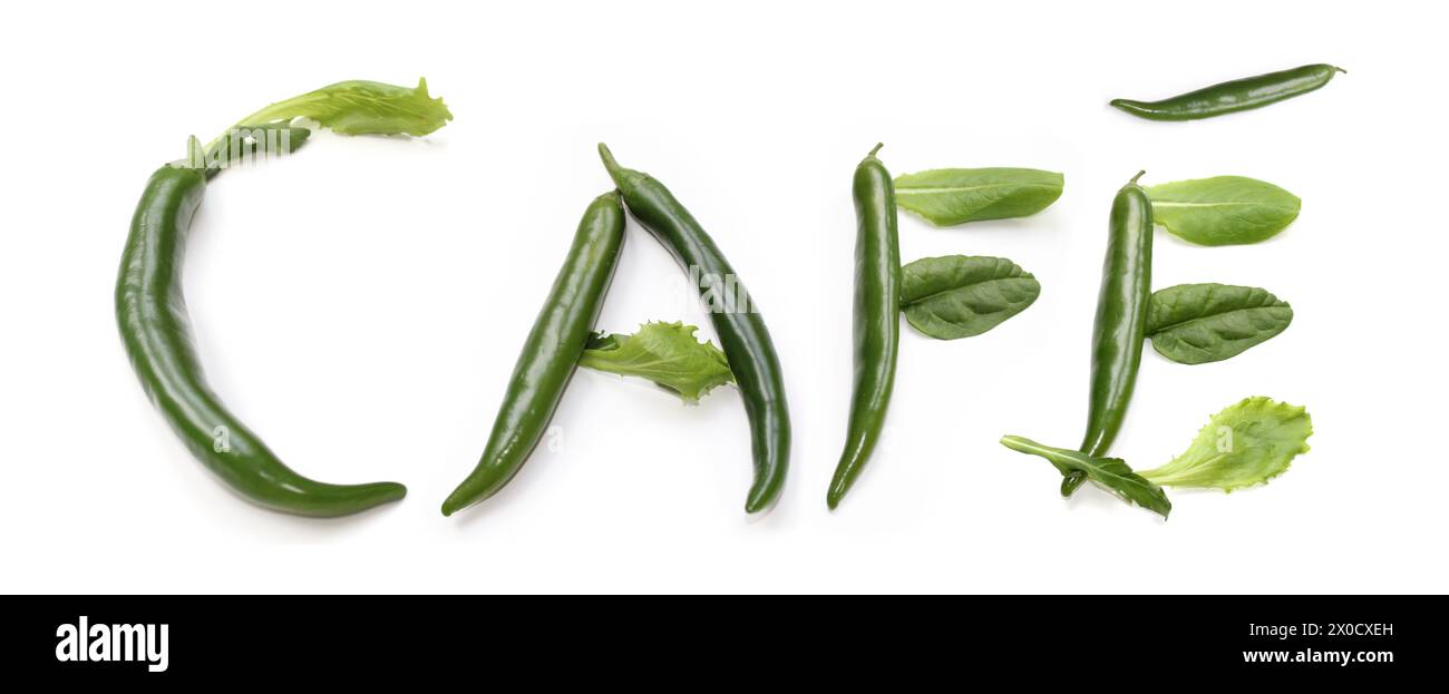 CAFE from green chili pepper, lettuce leaves, letters for text words ...