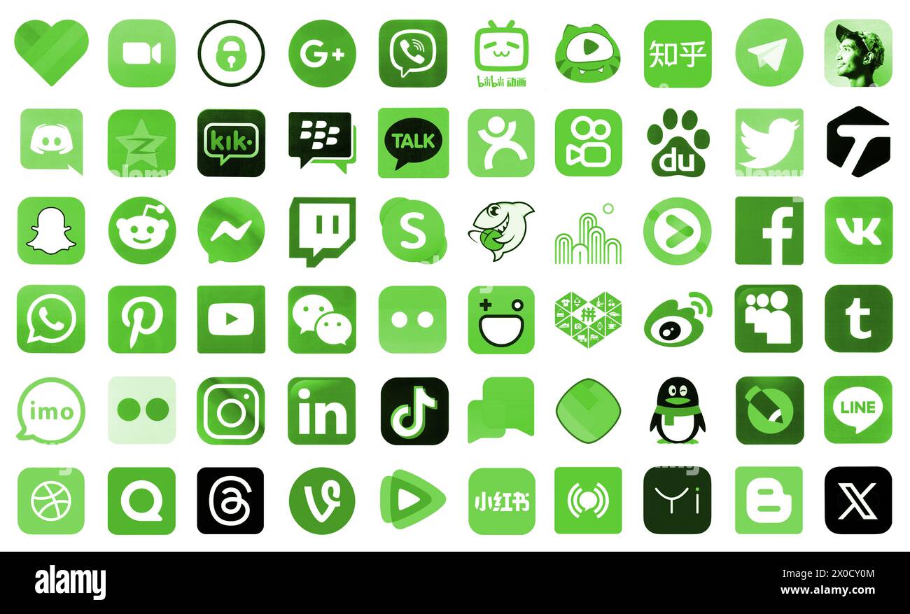 KYIV, UKRAINE - APRIL 1, 2024 Many icons of social media, messengers ...