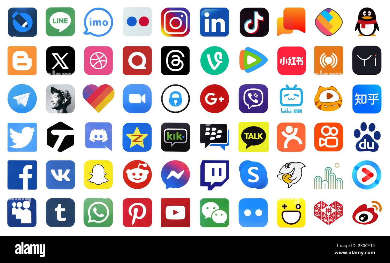 KYIV, UKRAINE - APRIL 1, 2024 Many icons of social media, messengers, video sharing platforms ...