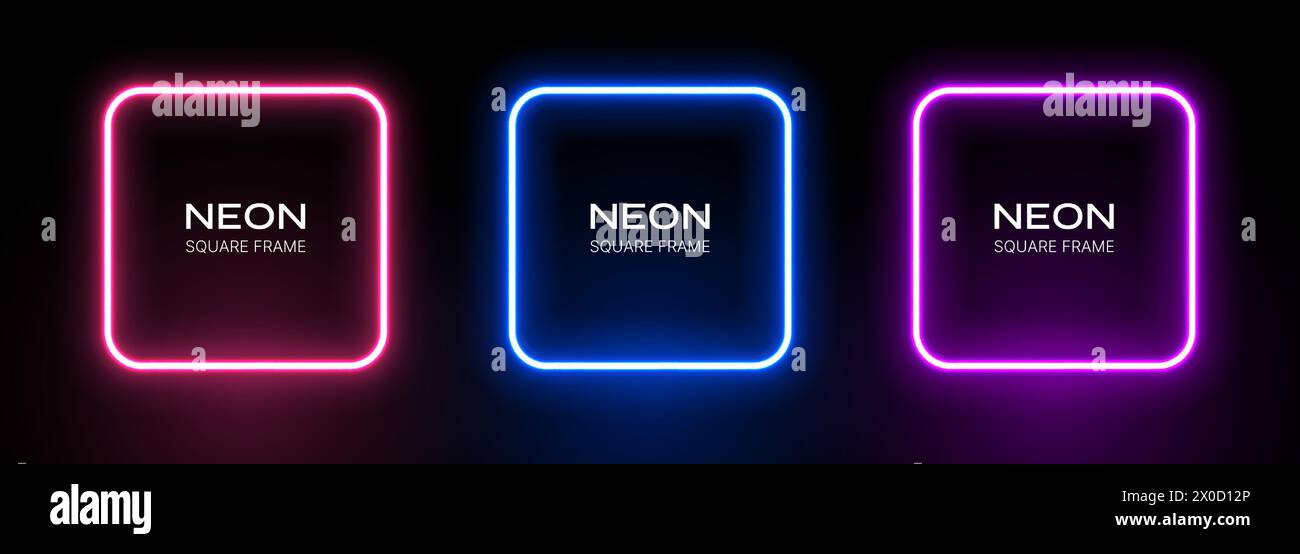 Neon square frame. Light box border. Led glow on a black background ...