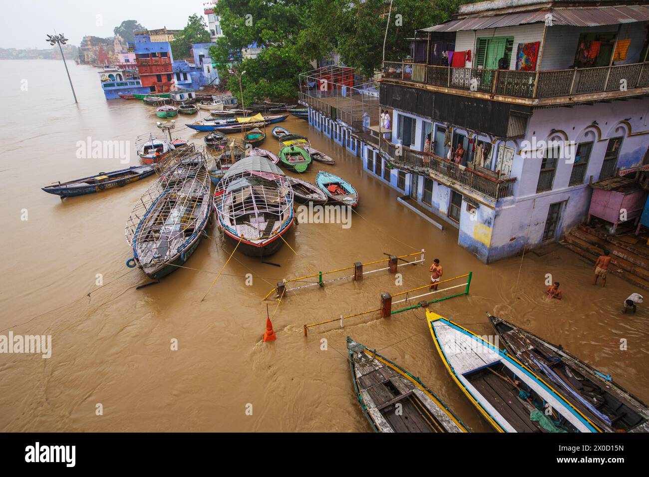High water of the Ganges River during monsoon at Varanasi, India Stock ...
