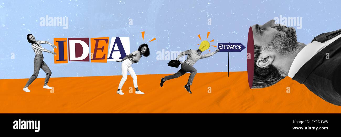 Composite artwork collage of horizontal panorama black white lady men colleagues carry idea run ...