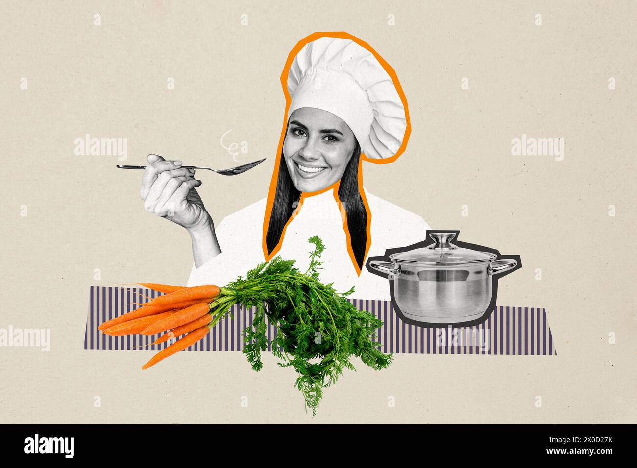 Composite photo collage of chief woman cook dinner boil meal pot ...