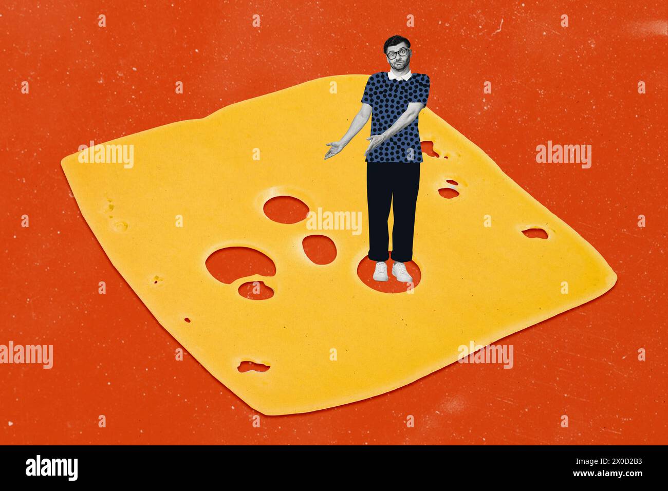 Composite photo collage of astonished man stand cheese hole slice meal ...