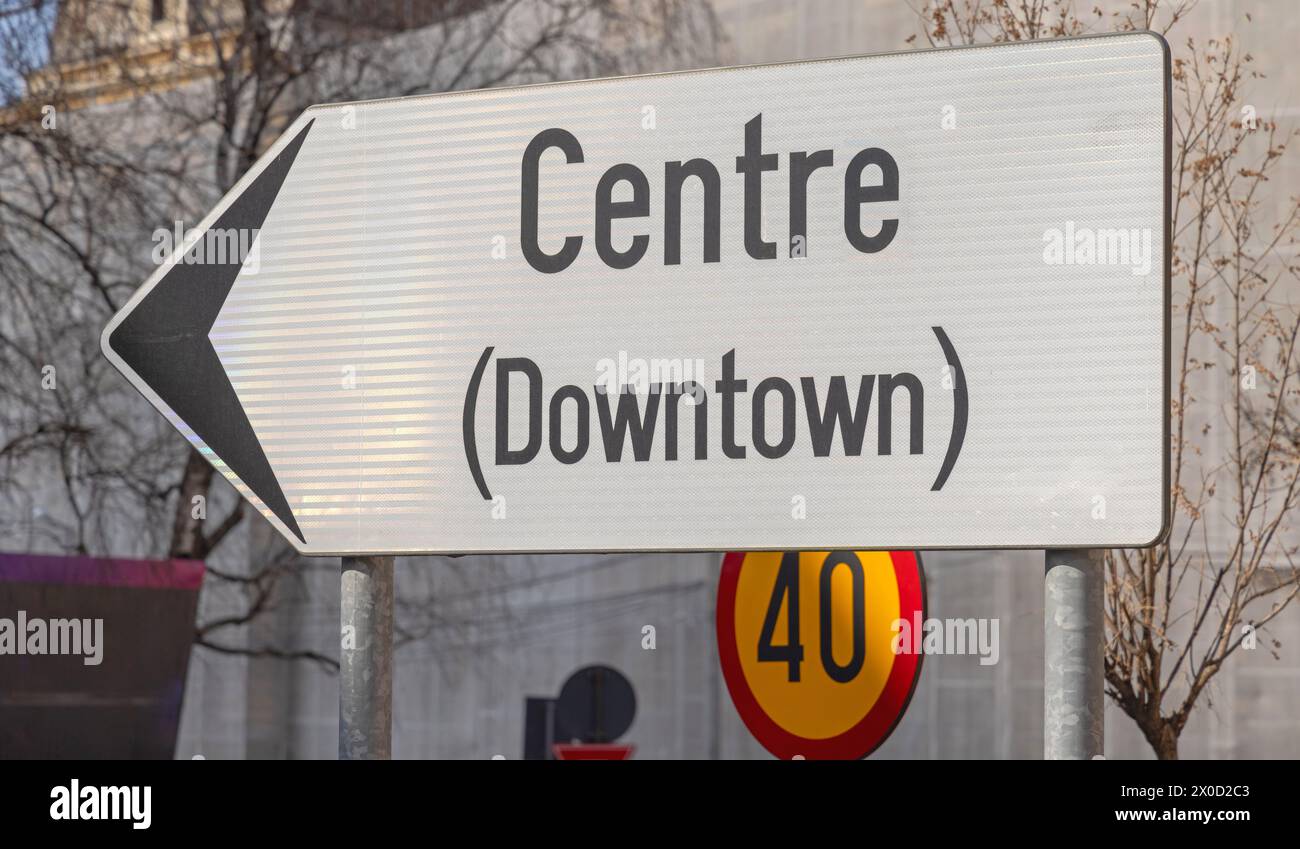Direction Arrow White Road Sign Downtown Centre English Stock Photo - Alamy