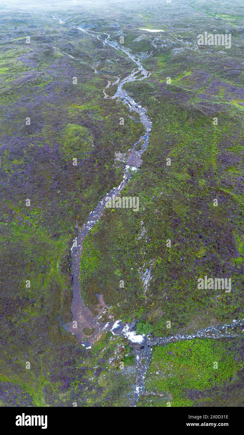 Upland river running through heather moorland ending in a waterfall ...
